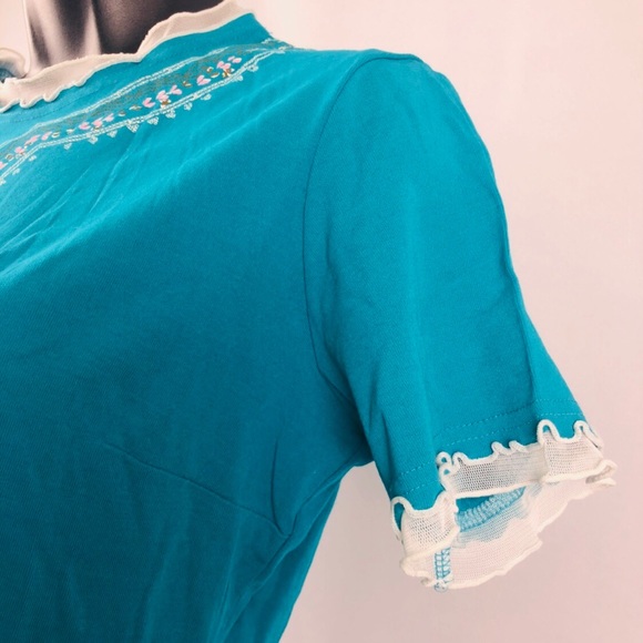 Tops | Turquoise T With Sheer White Mesh Frills | Poshmark